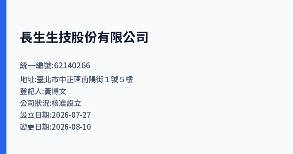 長生生技股份有限公司的照片-統編 62140266(臺北市) 公司登記資料與營業項目詳細圖表