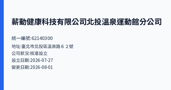 薪動健康科技有限公司北投溫泉運動館分公司的照片-統編 62140300(臺北市) 公司登記資料與營業項目詳細圖表