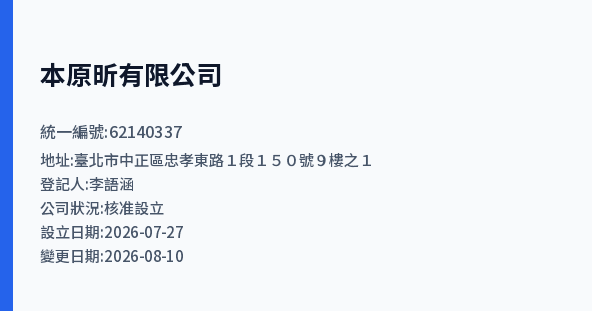 本原昕有限公司的照片-統編 62140337(臺北市) 公司登記資料與營業項目詳細圖表