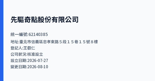 先驅奇點股份有限公司的照片-統編 62140385(臺北市) 公司登記資料與營業項目詳細圖表