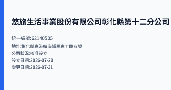 悠旅生活事業股份有限公司彰化縣第十二分公司的照片-統編 62140505(彰化縣) 公司登記資料與營業項目詳細圖表