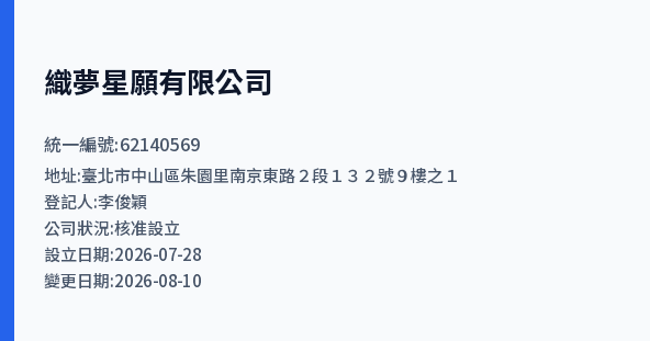 織夢星願有限公司的照片-統編 62140569(臺北市) 公司登記資料與營業項目詳細圖表