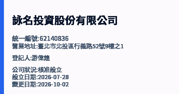 詠名投資股份有限公司的照片-統編 62140836(臺北市) 公司登記資料與營業項目詳細圖表