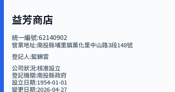益芳商店的照片-統編 62140902(南投縣) 公司登記資料與營業項目詳細圖表