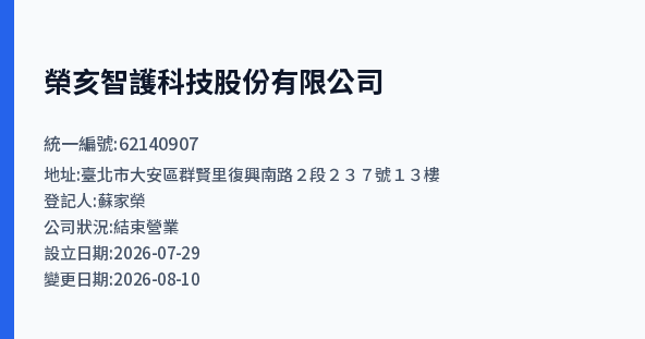 榮亥智護科技股份有限公司的照片-統編 62140907(臺北市) 公司登記資料與營業項目詳細圖表