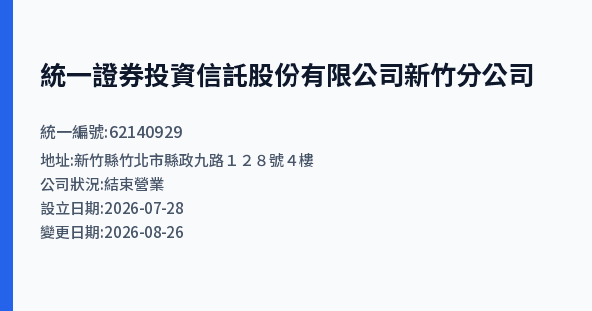 統一證券投資信託股份有限公司新竹分公司的照片-統編 62140929(新竹縣) 公司登記資料與營業項目詳細圖表