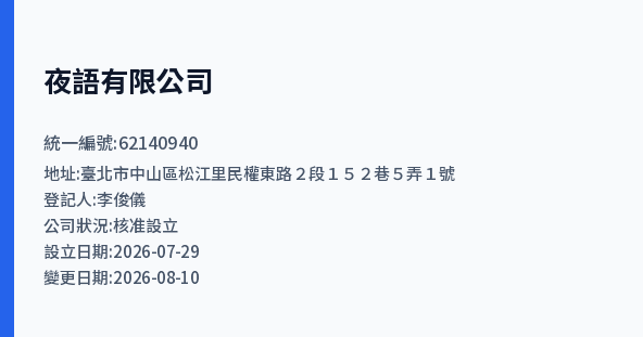 夜語有限公司的照片-統編 62140940(臺北市) 公司登記資料與營業項目詳細圖表