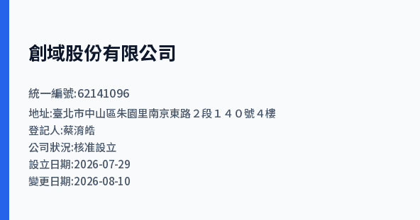 創域股份有限公司的照片-統編 62141096(臺北市) 公司登記資料與營業項目詳細圖表