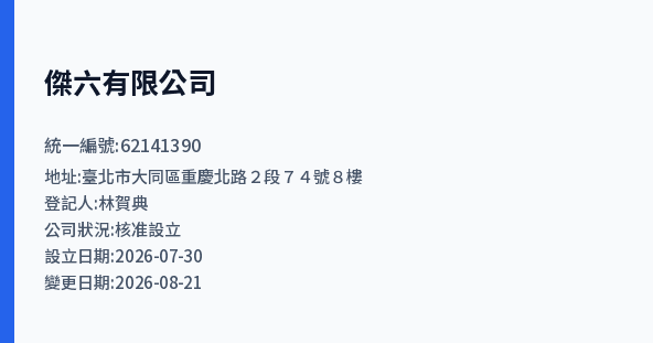 傑六有限公司的照片-統編 62141390(臺北市) 公司登記資料與營業項目詳細圖表