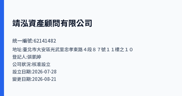 靖泓資產顧問有限公司的照片-統編 62141482(臺北市) 公司登記資料與營業項目詳細圖表