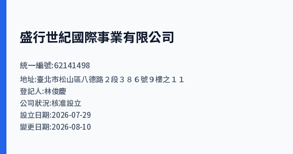 盛行世紀國際事業有限公司的照片-統編 62141498(臺北市) 公司登記資料與營業項目詳細圖表