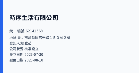 時序生活有限公司的照片-統編 62141568(臺北市) 公司登記資料與營業項目詳細圖表