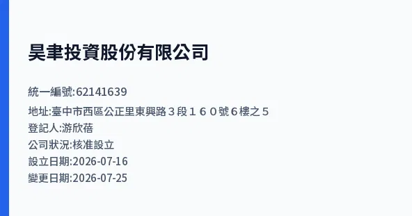 昊聿投資股份有限公司的照片-統編 62141639(臺中市) 公司登記資料與營業項目詳細圖表