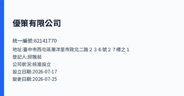 優策有限公司的照片-統編 62141770(臺中市) 公司登記資料與營業項目詳細圖表