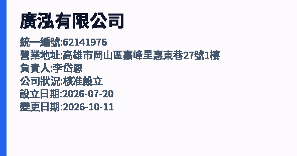 廣泓有限公司的照片-統編 62141976(高雄市) 公司登記資料與營業項目詳細圖表