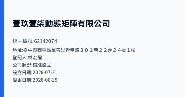 壹玖壹柒動態矩陣有限公司的照片-統編 62142074(臺中市) 公司登記資料與營業項目詳細圖表