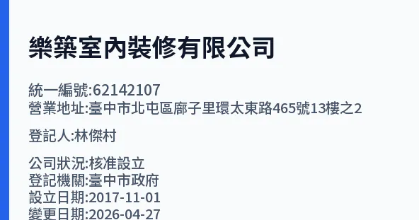樂築室內裝修有限公司的照片-統編 62142107(臺中市) 公司登記資料與營業項目詳細圖表