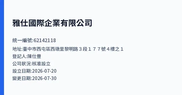 雅仕國際企業有限公司的照片-統編 62142118(臺中市) 公司登記資料與營業項目詳細圖表