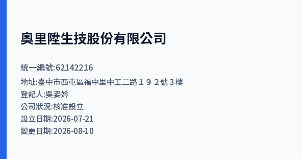 奧里陞生技股份有限公司的照片-統編 62142216(臺中市) 公司登記資料與營業項目詳細圖表