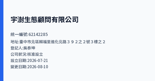 宇澍生態顧問有限公司的照片-統編 62142285(臺中市) 公司登記資料與營業項目詳細圖表