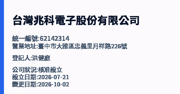 台灣兆科電子股份有限公司的照片-統編 62142314(臺中市) 公司登記資料與營業項目詳細圖表