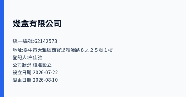 幾盒有限公司的照片-統編 62142573(臺中市) 公司登記資料與營業項目詳細圖表