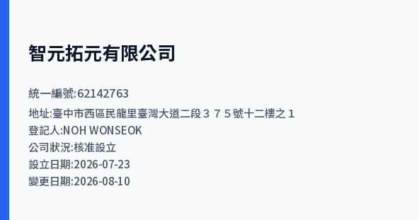 智元拓元有限公司的照片-統編 62142763(臺中市) 公司登記資料與營業項目詳細圖表