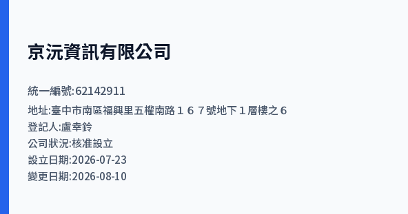 京沅資訊有限公司的照片-統編 62142911(臺中市) 公司登記資料與營業項目詳細圖表