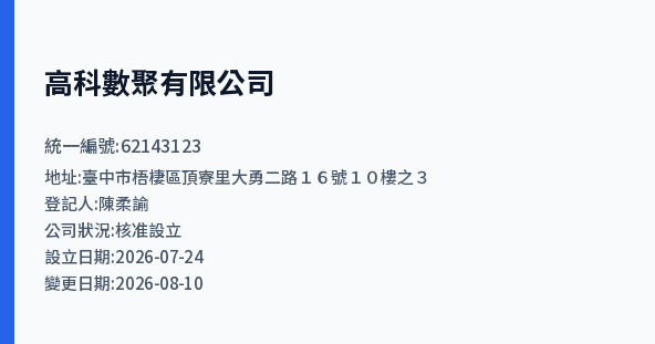 高科數聚有限公司的照片-統編 62143123(臺中市) 公司登記資料與營業項目詳細圖表