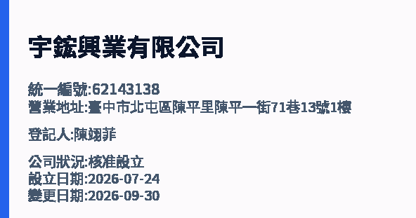 宇鋐興業有限公司的照片-統編 62143138(臺中市) 公司登記資料與營業項目詳細圖表
