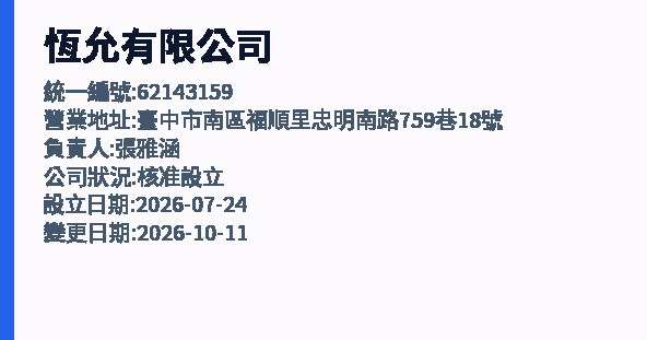 恆允有限公司的照片-統編 62143159(臺中市) 公司登記資料與營業項目詳細圖表