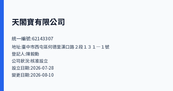 天閣寶有限公司的照片-統編 62143307(臺中市) 公司登記資料與營業項目詳細圖表