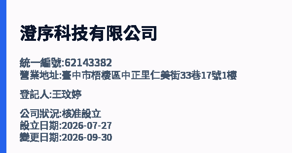 澄序科技有限公司的照片-統編 62143382(臺中市) 公司登記資料與營業項目詳細圖表