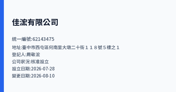 佳浤有限公司的照片-統編 62143475(臺中市) 公司登記資料與營業項目詳細圖表