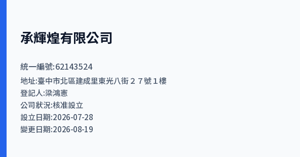 承輝煌有限公司的照片-統編 62143524(臺中市) 公司登記資料與營業項目詳細圖表