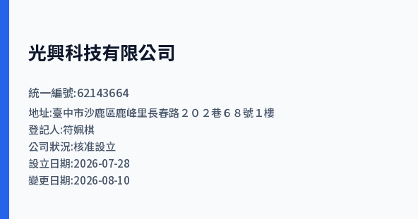 光興科技有限公司的照片-統編 62143664(臺中市) 公司登記資料與營業項目詳細圖表