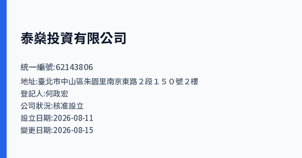 泰燊投資有限公司的照片-統編 62143806(臺北市) 公司登記資料與營業項目詳細圖表