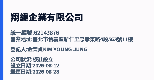 翔緯企業有限公司的照片-統編 62143876(臺北市) 公司登記資料與營業項目詳細圖表