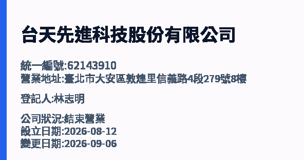 台天先進科技股份有限公司的照片-統編 62143910(臺北市) 公司登記資料與營業項目詳細圖表