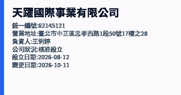 天躍國際事業有限公司的照片-統編 62145121(臺北市) 公司登記資料與營業項目詳細圖表