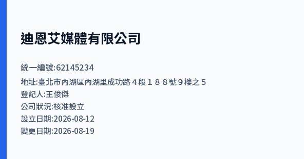 迪恩艾媒體有限公司的照片-統編 62145234(臺北市) 公司登記資料與營業項目詳細圖表