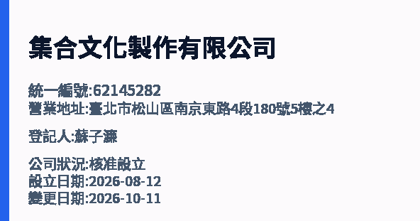 集合文化製作有限公司的照片-統編 62145282(臺北市) 公司登記資料與營業項目詳細圖表