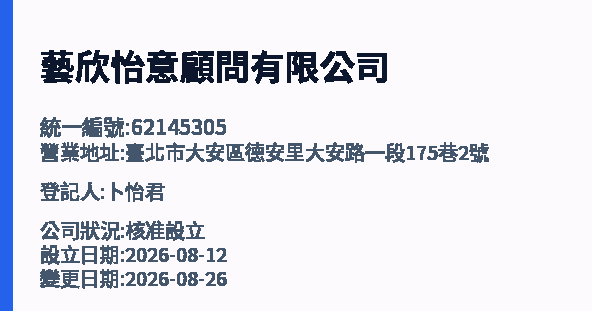 藝欣怡意顧問有限公司的照片-統編 62145305(臺北市) 公司登記資料與營業項目詳細圖表