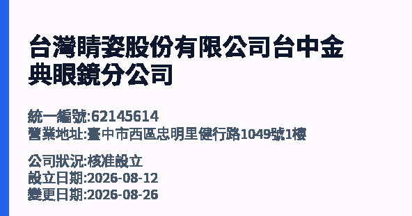 台灣睛姿股份有限公司台中金典眼鏡分公司的照片-統編 62145614(臺中市) 公司登記資料與營業項目詳細圖表