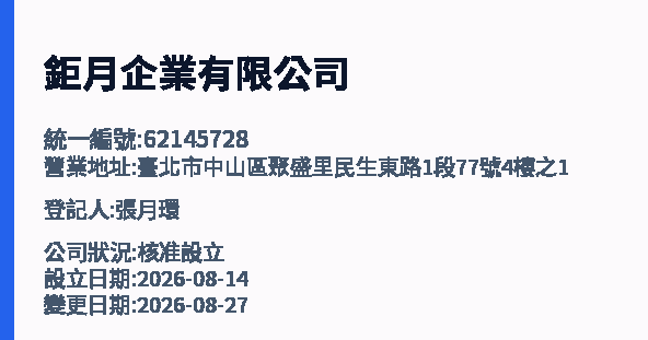 鉅月企業有限公司的照片-統編 62145728(臺北市) 公司登記資料與營業項目詳細圖表