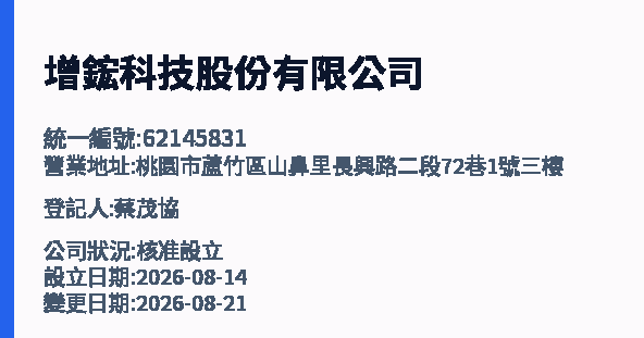 增鋐科技股份有限公司的照片-統編 62145831(桃園市) 公司登記資料與營業項目詳細圖表