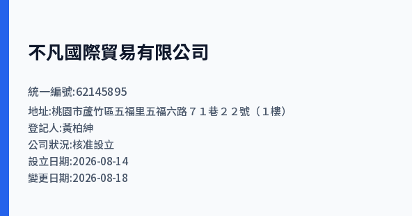 不凡國際貿易有限公司的照片-統編 62145895(桃園市) 公司登記資料與營業項目詳細圖表