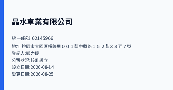 晶水車業有限公司的照片-統編 62145966(桃園市) 公司登記資料與營業項目詳細圖表
