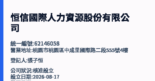 恒信國際人力資源股份有限公司的照片-統編 62146058(桃園市) 公司登記資料與營業項目詳細圖表