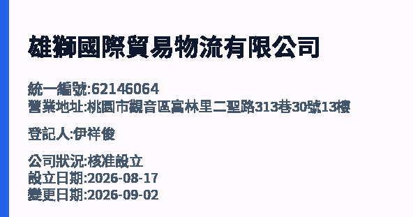 雄獅國際貿易物流有限公司的照片-統編 62146064(桃園市) 公司登記資料與營業項目詳細圖表